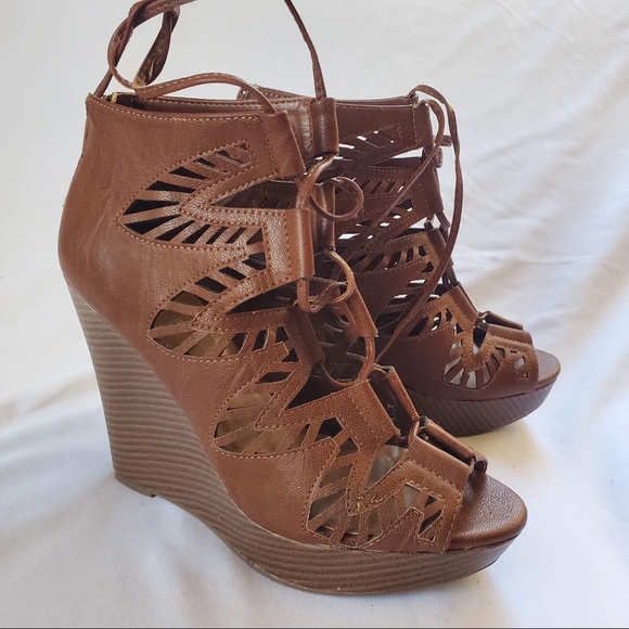 Sbicca | Shoes | Sbicca Katrina Brown Lace Up Wedge Heels Bck Zip ...
